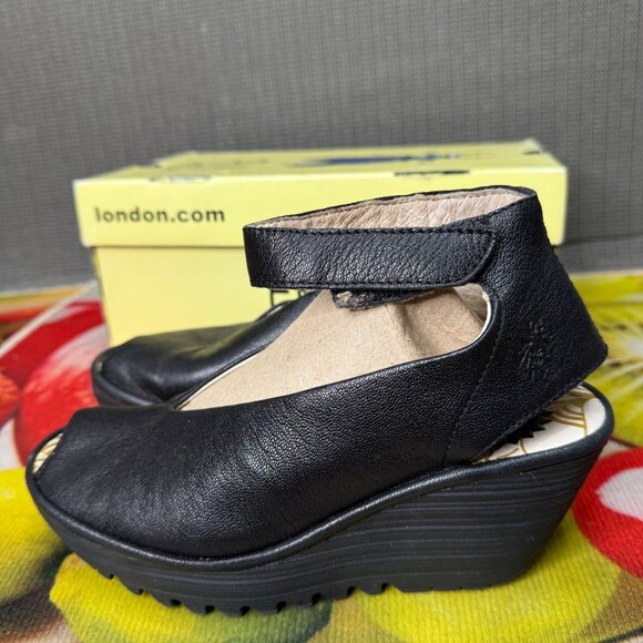 Fly London | Shoes | Fly London Womens Black Leather Wedge Sandals Size ...